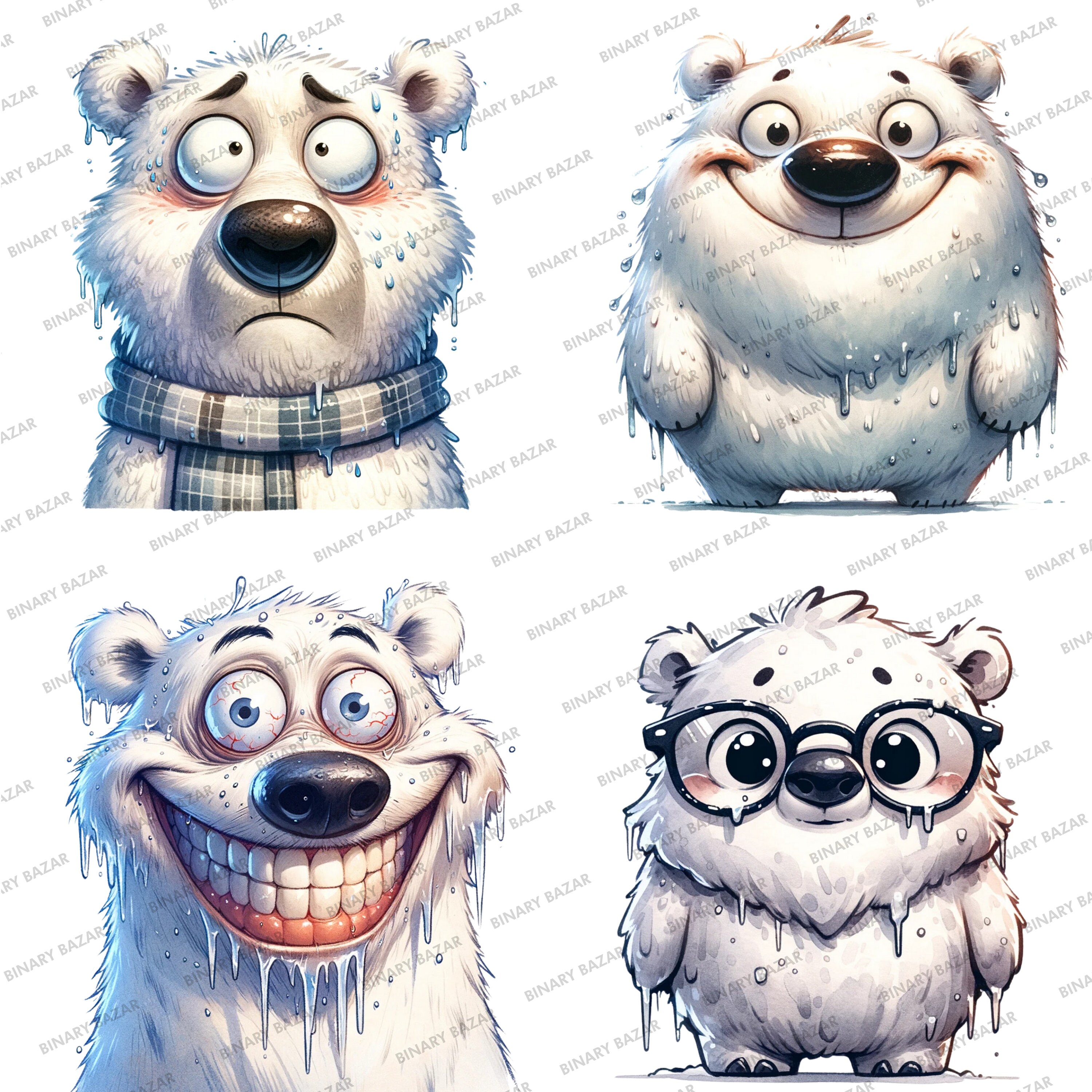 Funny and Cute Cold Polar Bear Clipart PNG Bundle 30 Watercolor Winter ...
