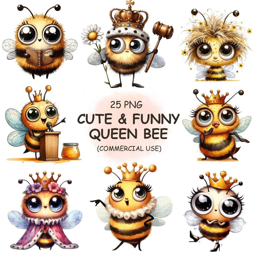 Cute Funny Queen Honey Bee Clipart PNG Bundle - 25 Watercolor Quirky ...