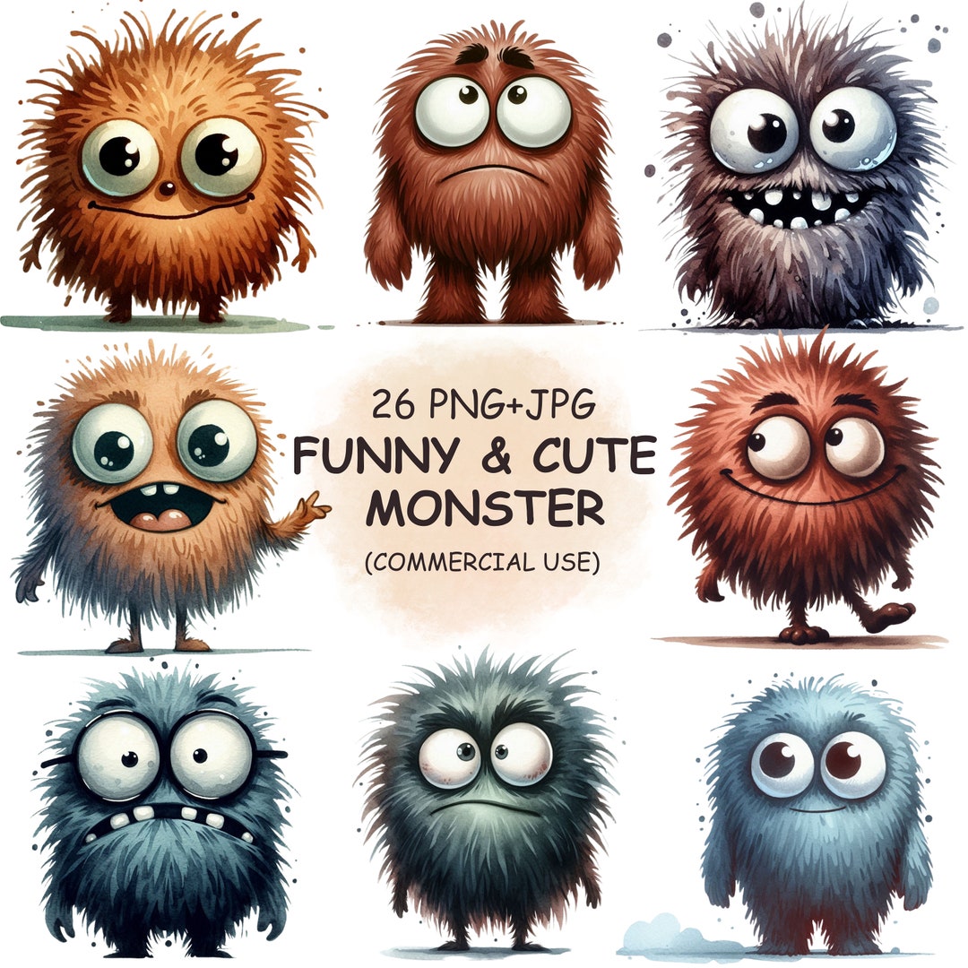 Cute and Funny Monster Clipart PNG Bundle 26 Watercolor Quirky Monster ...