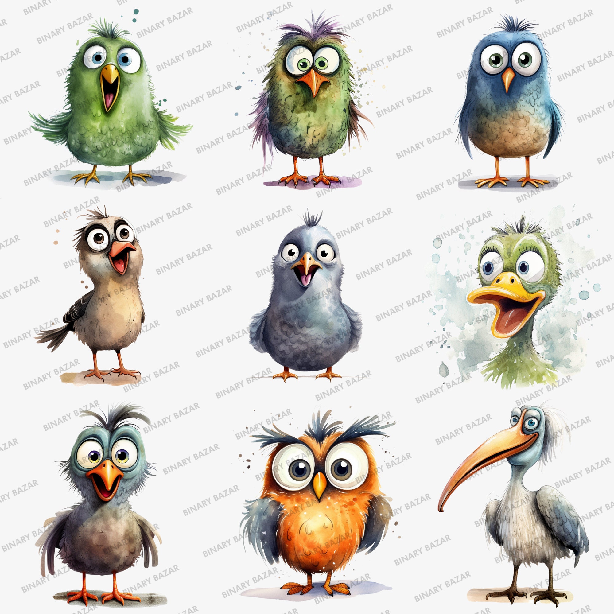 52 Funny and Quirky Birds Clipart PNG Bundle Watercolor Cute Bird Clip ...