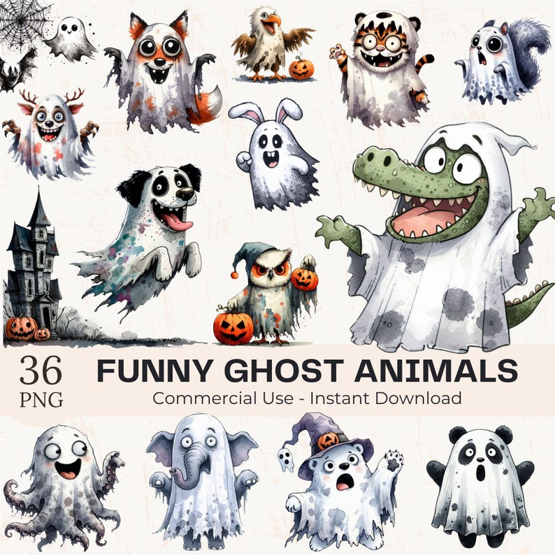Funny Ghost Animals Clipart: Halloween PNG Bundle (digital Download ...