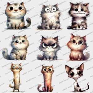 Funny and Cute Cat Clipart PNG Bundle- 60 Watercolor Quirky Animals ...