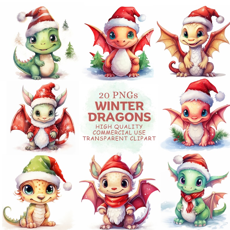 20 Cute Christmas Fantasy Baby Dragon Dinosaur Clipart PNG Watercolor ...