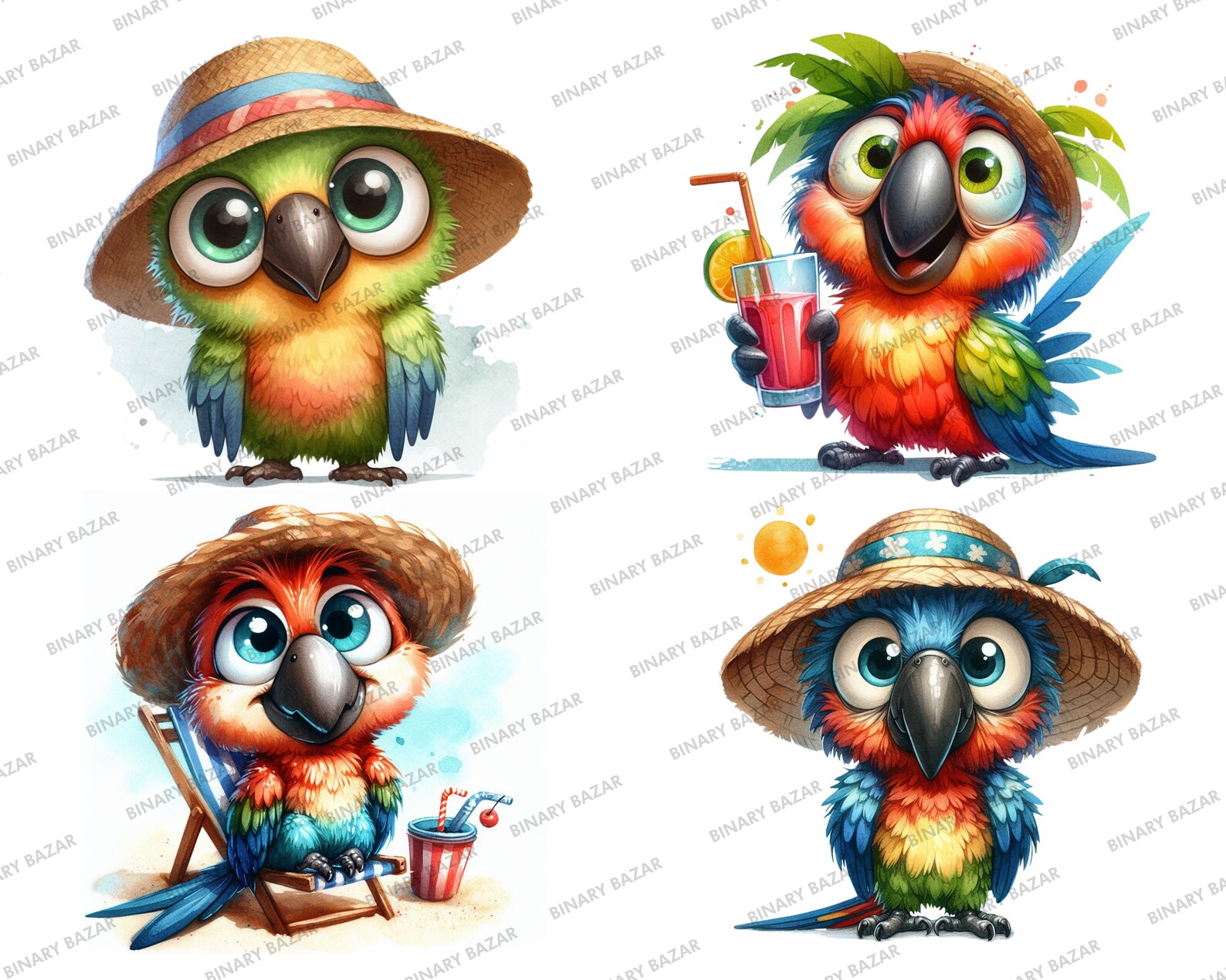 Cute and Funny Summer Season Parrots Clipart PNG & JPG Bundle 34 ...