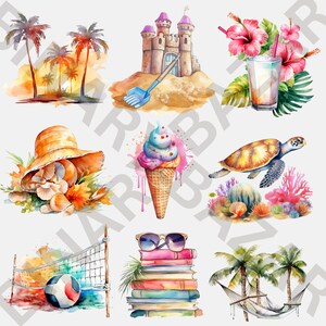 23 Summer Season Watercolor PNG Clipart Pack Bundle, Sunshine, Beach ...