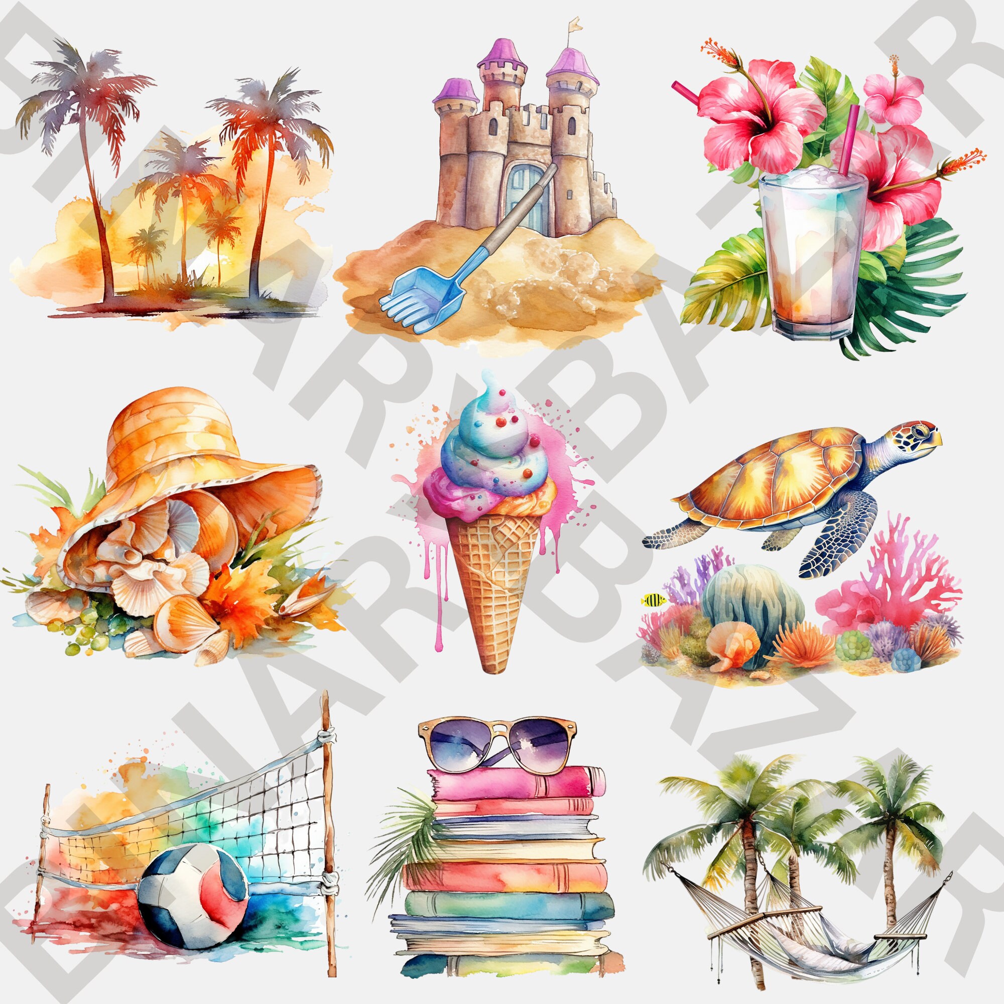 23 Summer Season Watercolor PNG Clipart Pack Bundle, Sunshine, Beach ...