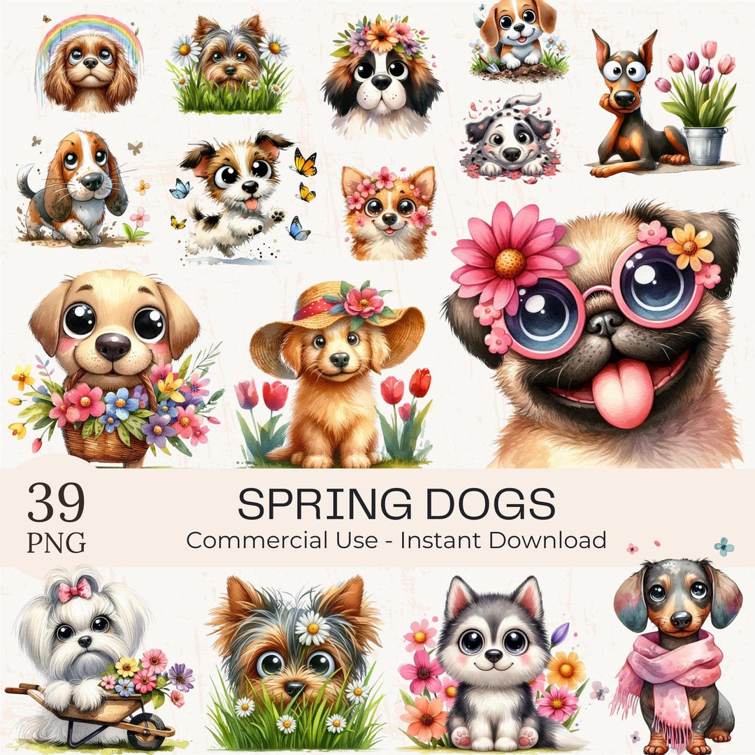 39 Whimsical Floral Dogs Clipart for Sublimation — Watercolor Spring ...