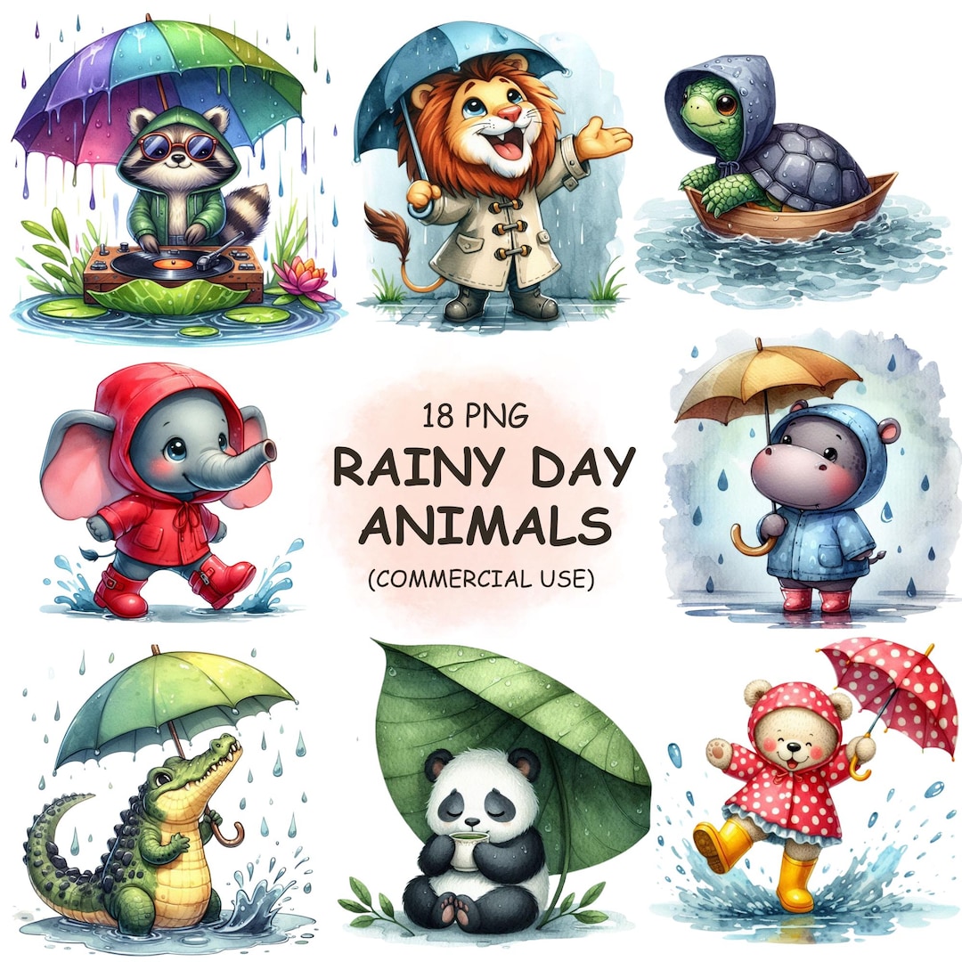 Watercolor Rainy Day Animals PNG Clipart: Funny Illustrations (digital ...