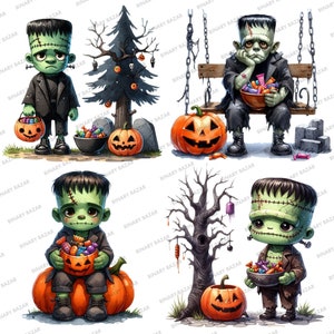 Cute Frankenstein Halloween Clipart Bundle 18 Cute Halloween Watercolor ...
