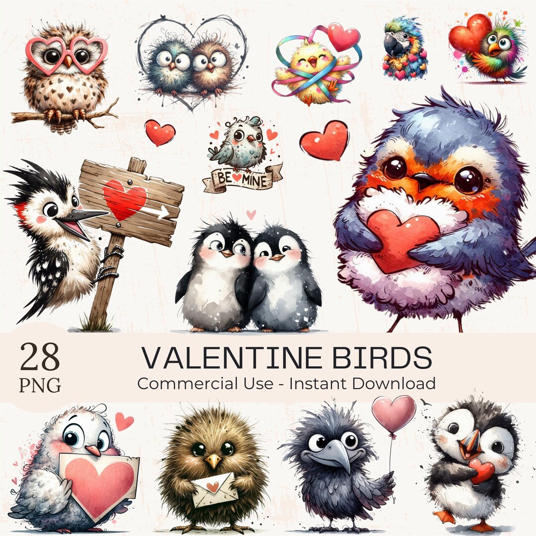 28 Valentine Birds Clipart PNG Bundle: Watercolor Whimsical Valentine ...
