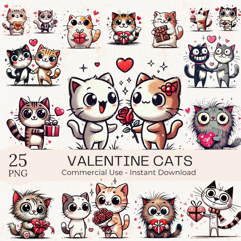Valentine Cats Clipart PNG Bundle - 25 Watercolor Funny Cartoon ...