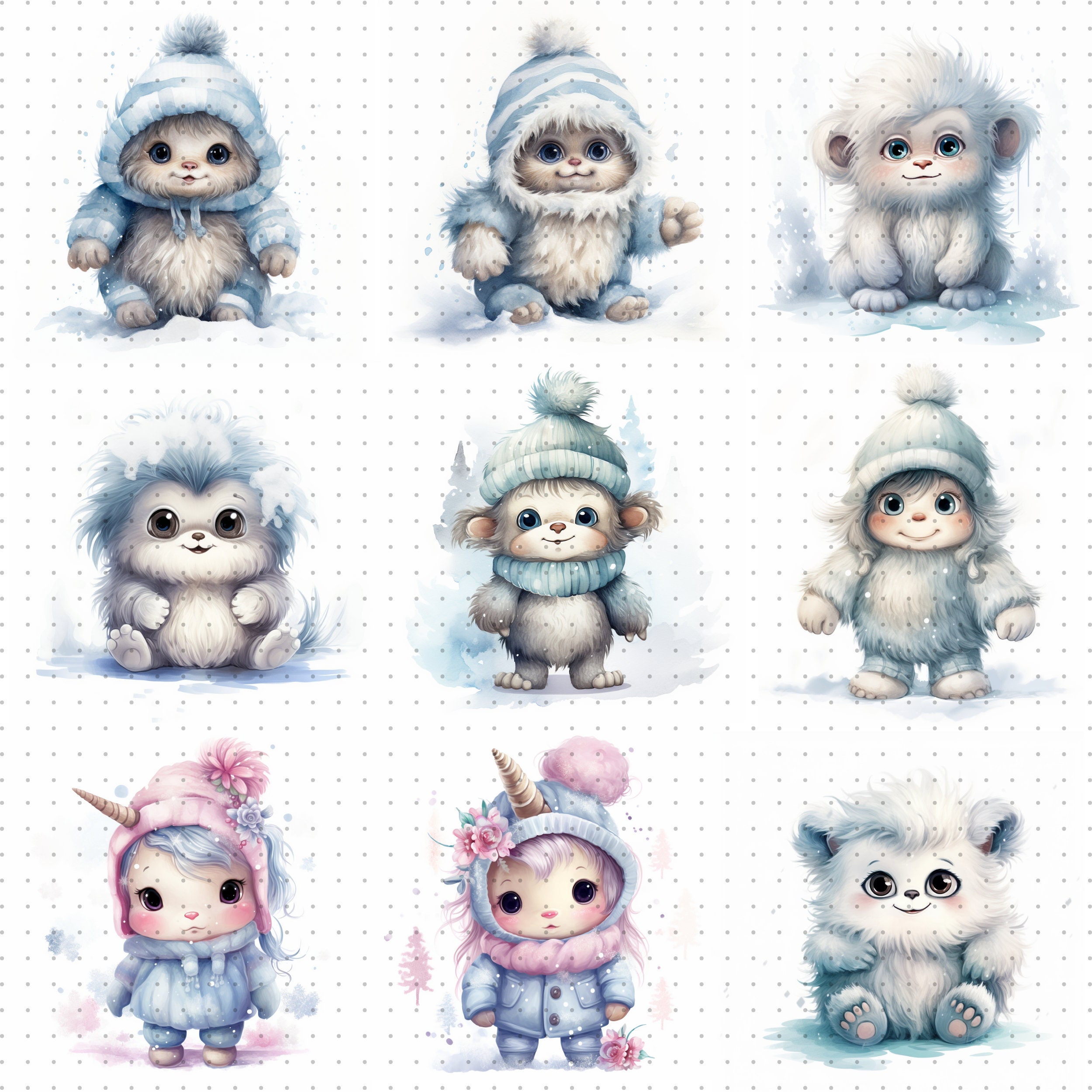32 Cute Winter Fantasy Creatures Clipart PNG Watercolor Mythical ...