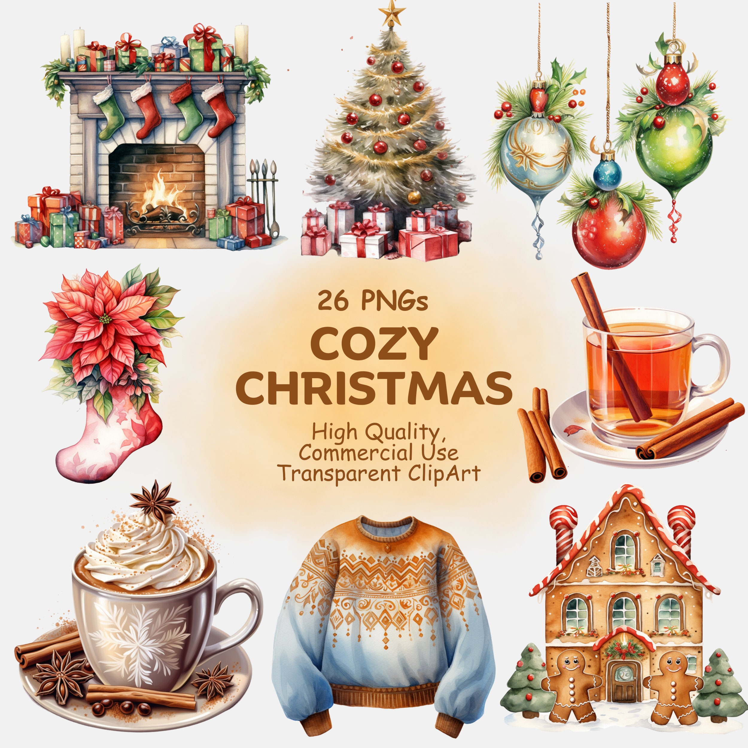 Cozy Christmas PNG Clipart Bundle Watercolor Winter Xmas Clip Art, Cozy ...