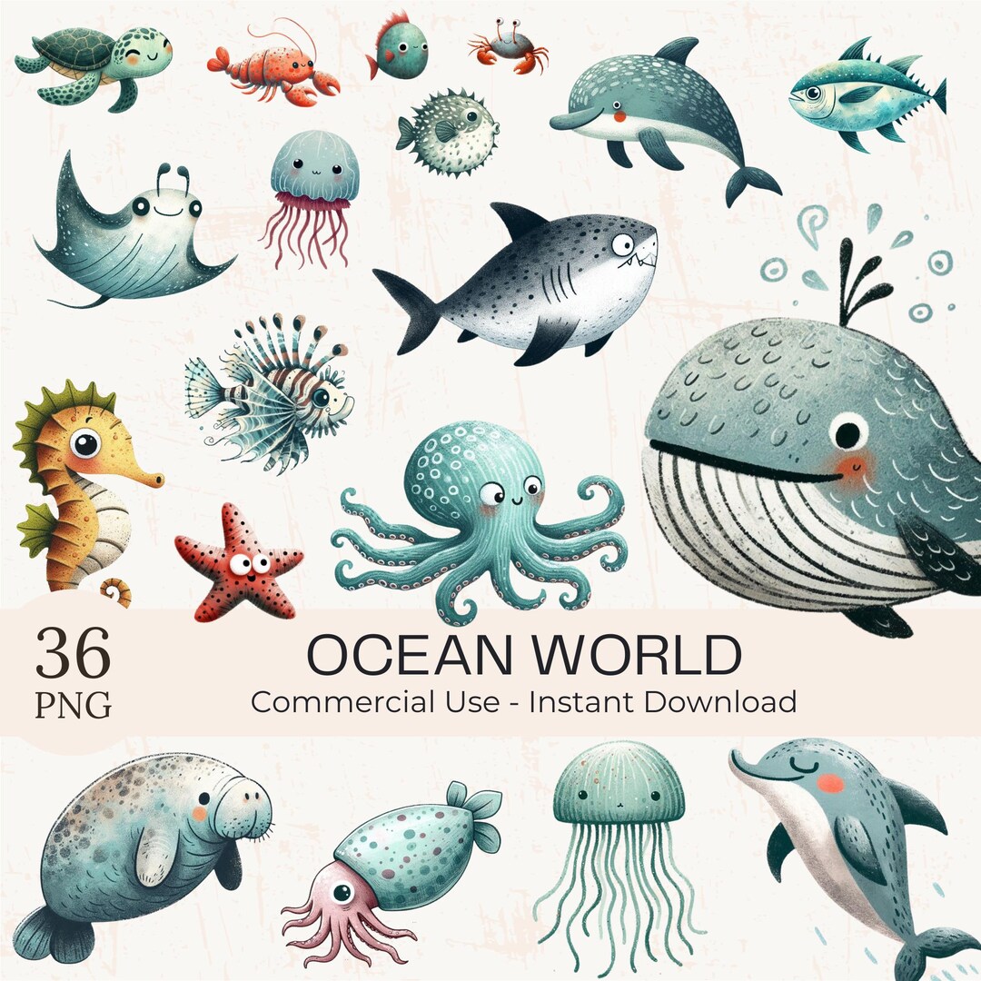 36 Ocean World Clipart PNG Bundle: Watercolor Marine Life Sea Animal ...