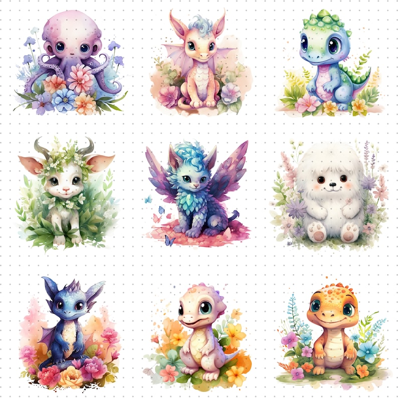 Cute Baby Mythical Creatures With Florals Clipart PNG Bundle 55 ...