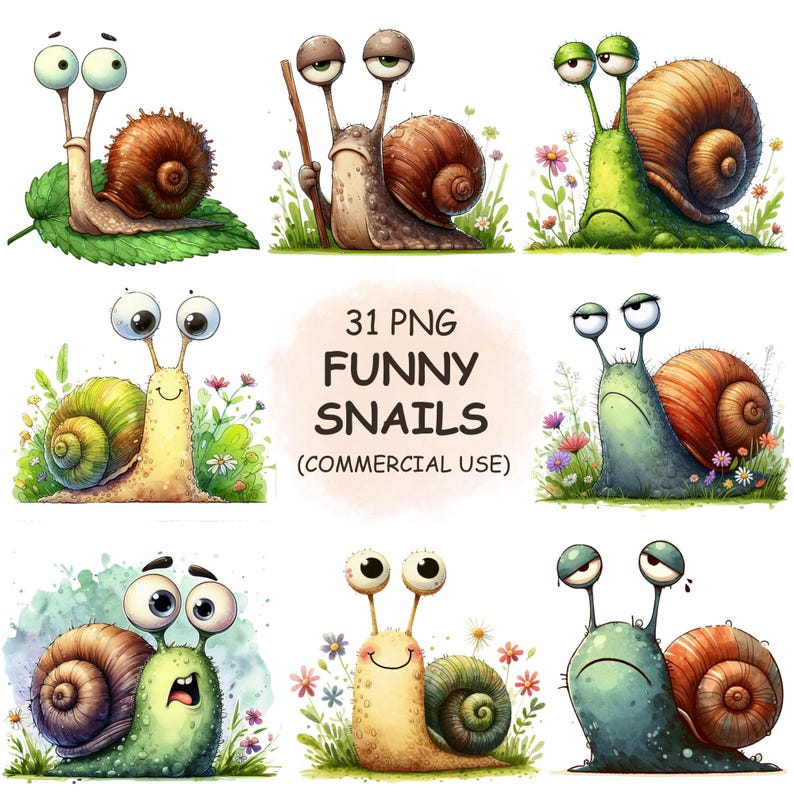 Watercolor Snail Clipart: 31 Funny PNG Graphics (commercial Use) - Etsy ...