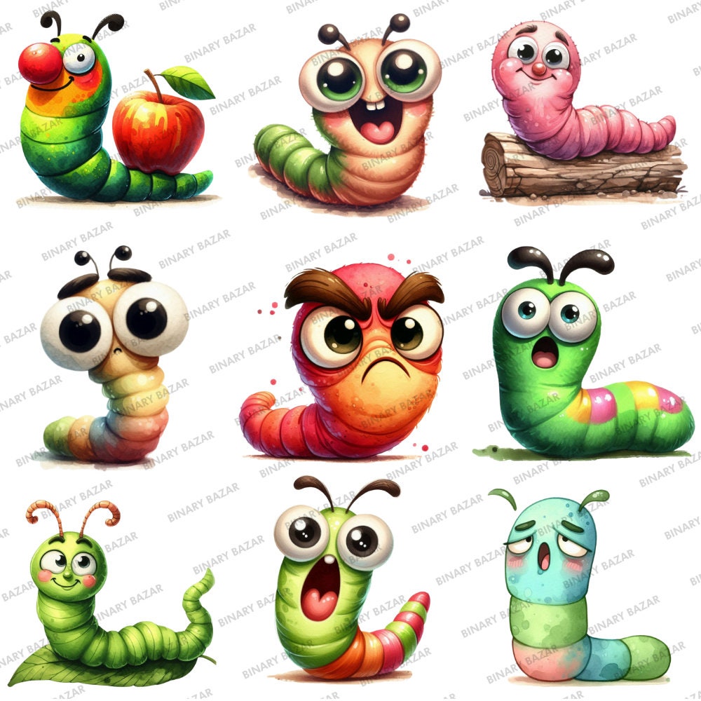 28 Whimsical Worm Clipart PNG Bundle: Watercolor Funny Spring Insects ...