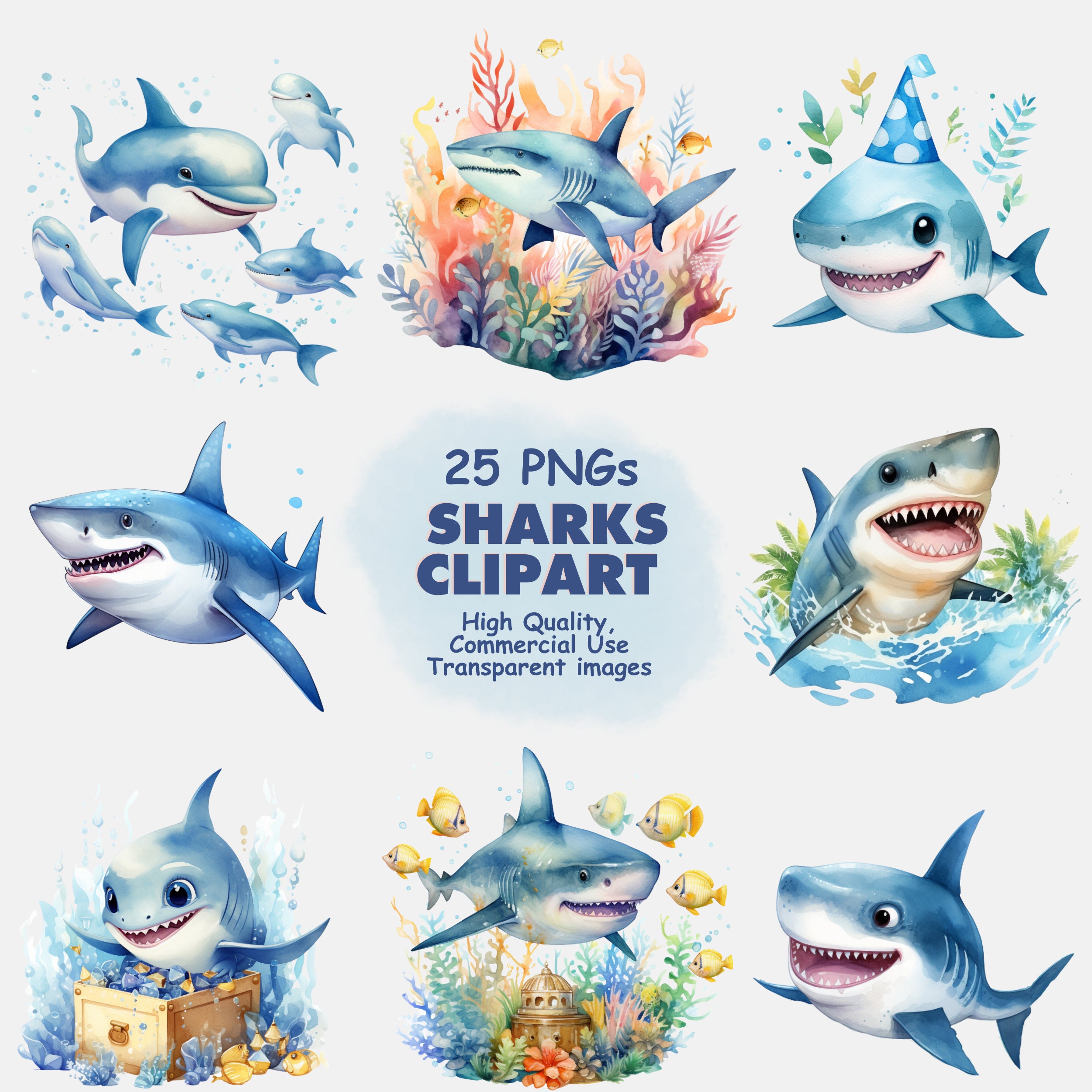 25 Cute Baby Shark PNG Clipart Bundle - Watercolor Adorable Kawaii Sea ...