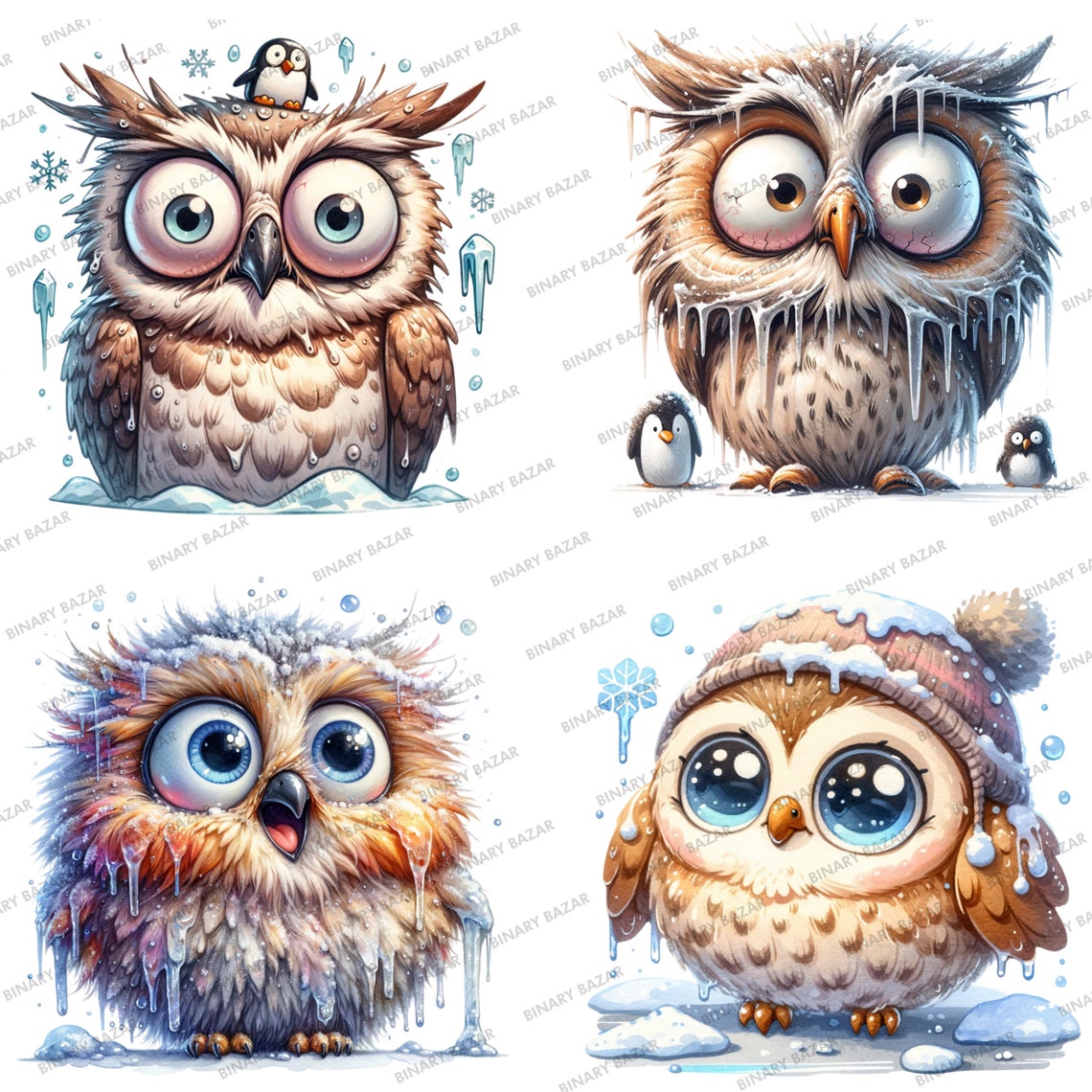 Funny and Cute Cold Owl Clipart PNG Bundle 28 Watercolor Winter Owl ...
