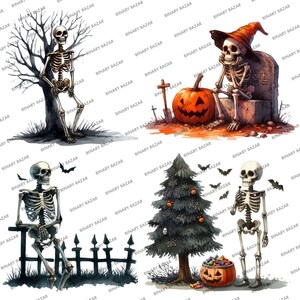 Cute 12 Halloween Skeleton PNG Bundle Spooky Skeleton Watercolor Clip ...