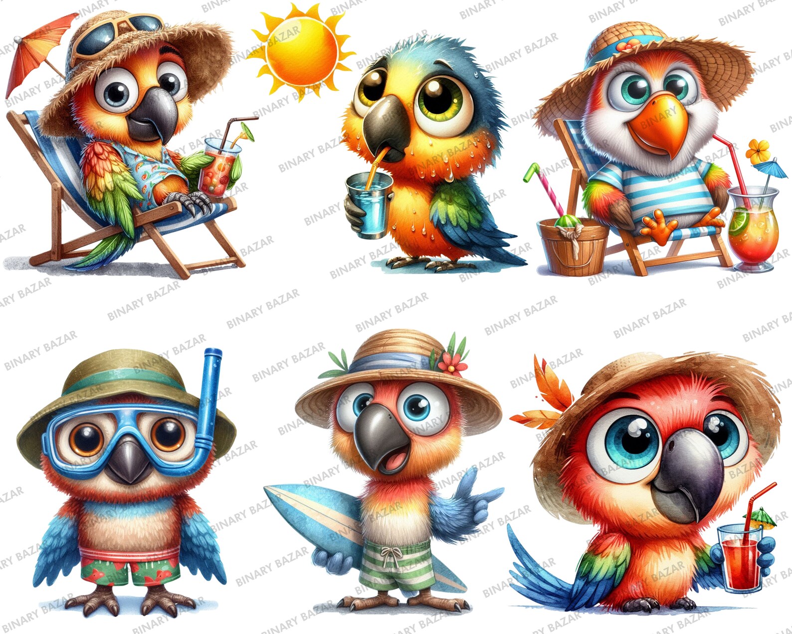 Cute and Funny Summer Season Parrots Clipart PNG & JPG Bundle 34 ...