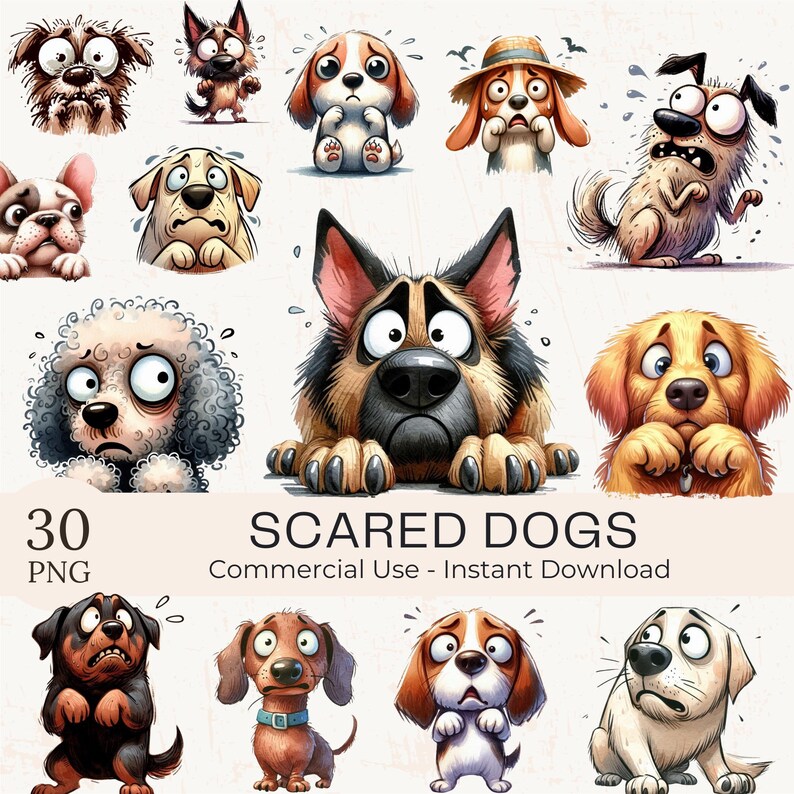 Funny Scared Dogs Clipart PNG Bundle: Watercolor Cartoon Quirky Pet ...