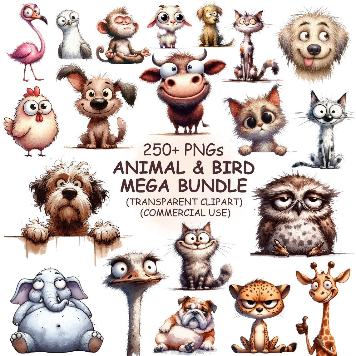 250 Funny & Cute Birds and Animals Clipart PNG Bundle Watercolor Birds ...