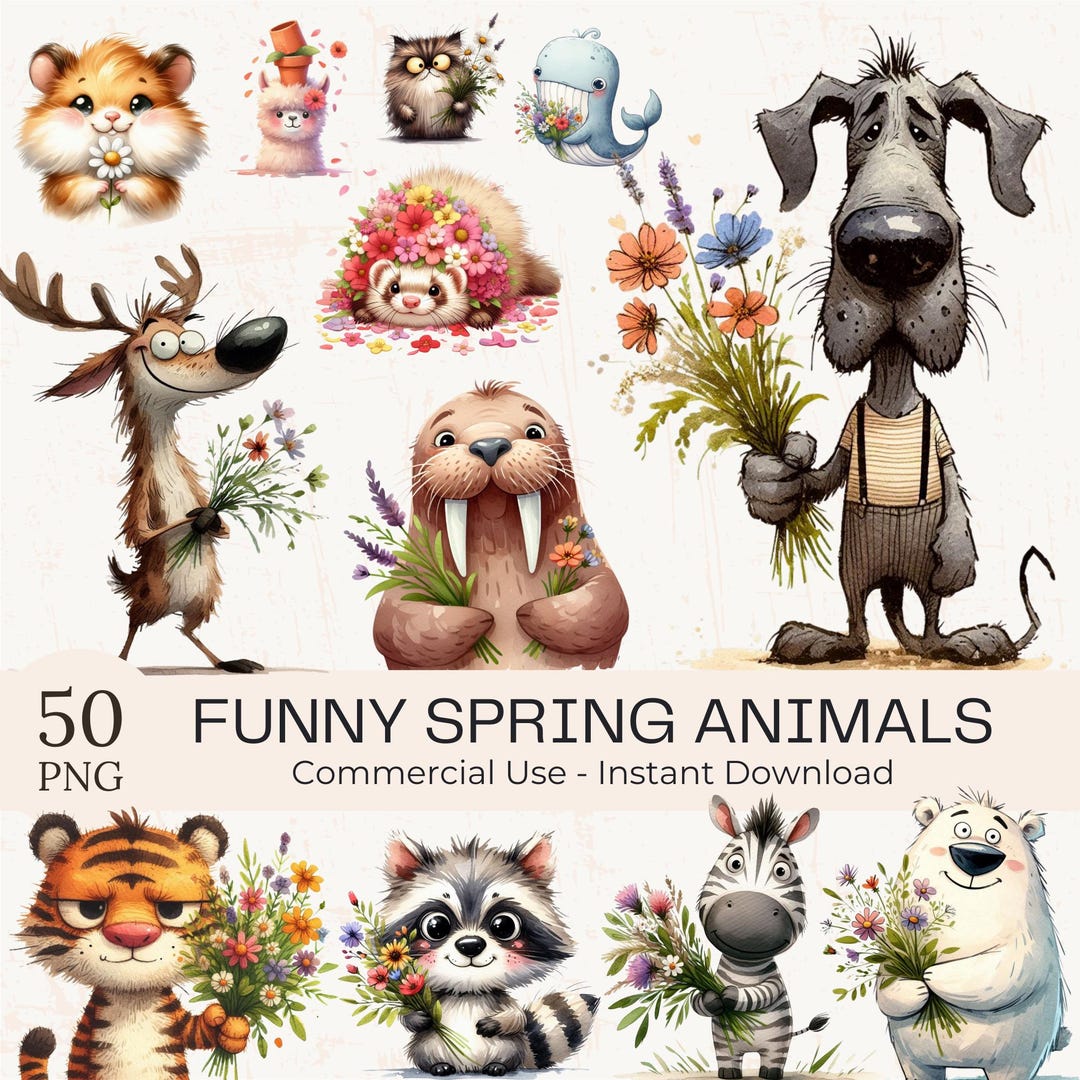 Watercolor Spring Animals Clipart: 50 PNG Garden & Safari Art (digital ...