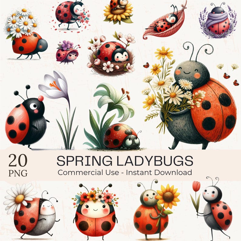 20 Spring Ladybug Clipart Bundle: Watercolor Floral Insects (PNG & SVG ...