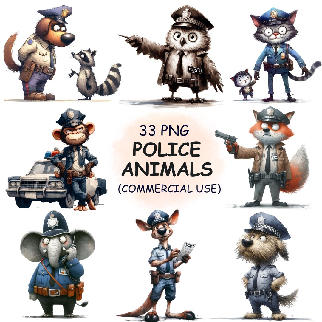 33 Animals Police Clipart PNG Bundle - Watercolor Quirky Animals Clip ...