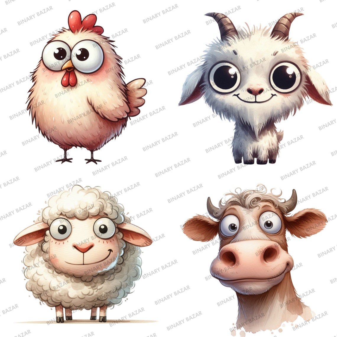 Cute and Funny Farm Animals Clipart PNG Bundle 58 Watercolor Cow, Goat ...