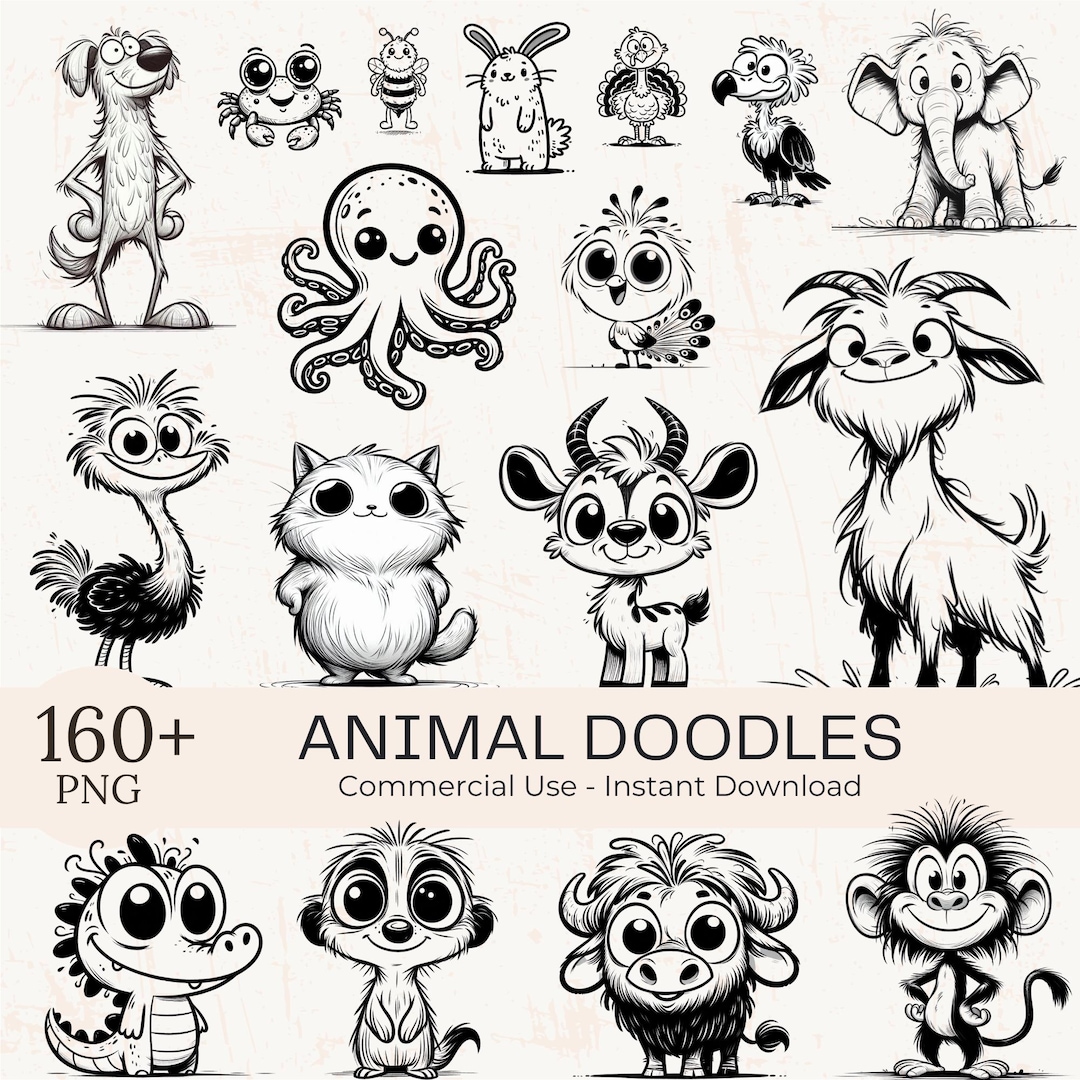 160+ Animal Doodles Clipart Bundle — Black & White Drawing Outline Line ...