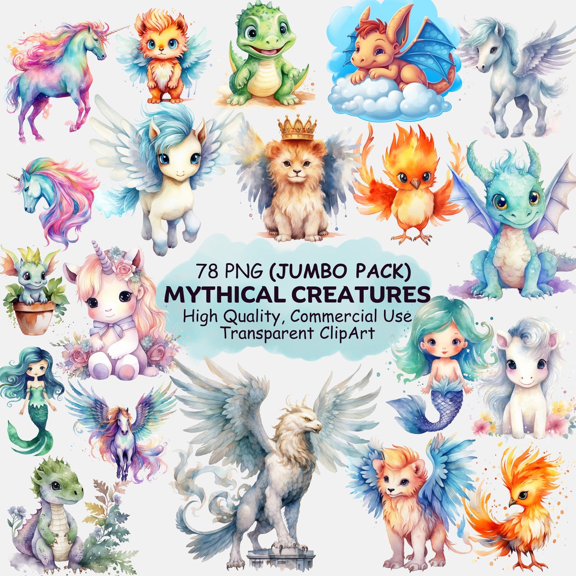 Cute Mythical Creatures Clipart PNG Fantasy Unicorn, Dragons, Mermaid ...