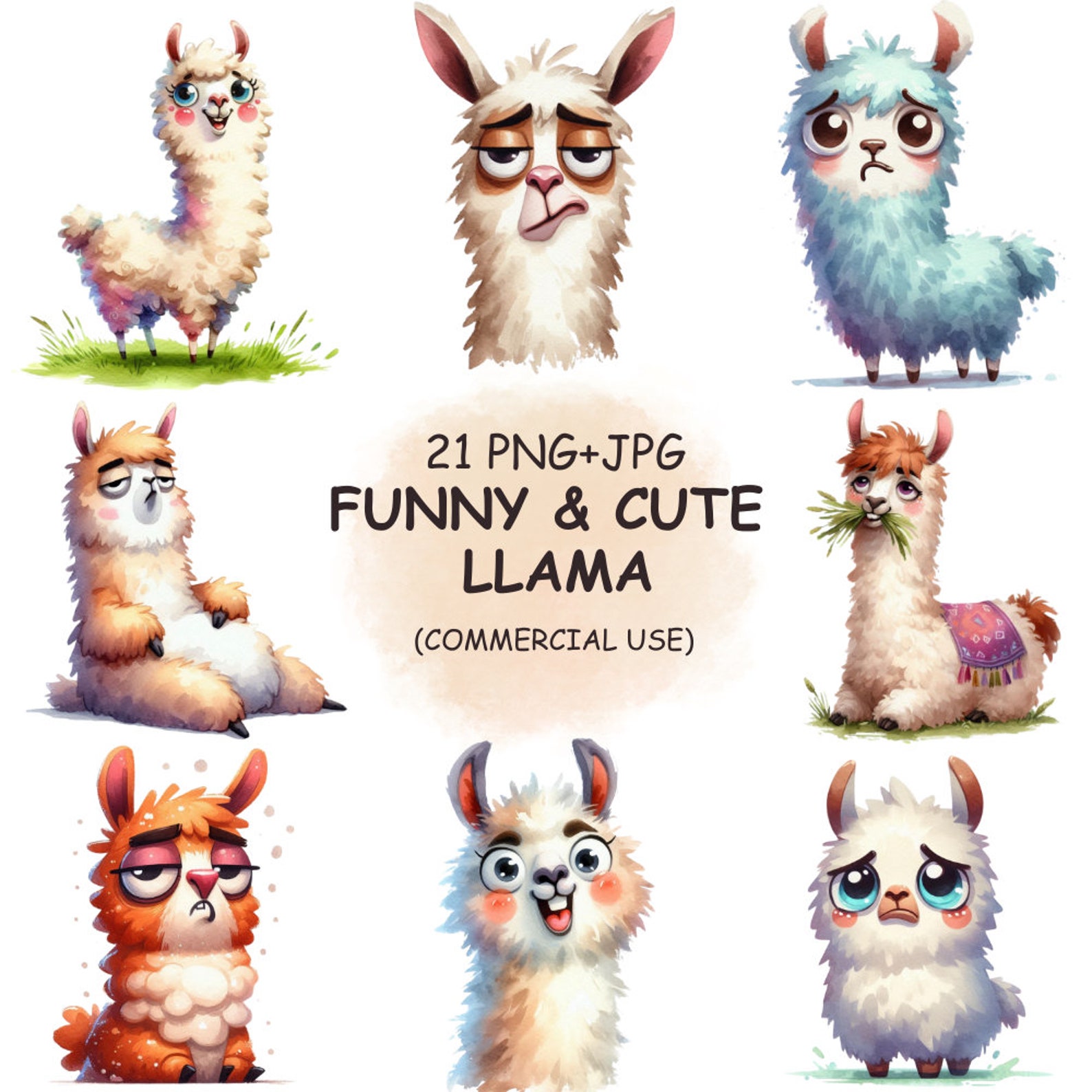 Funny and Cute Llama & Alpaca Clipart PNG Bundle 21 Watercolor Quirky ...