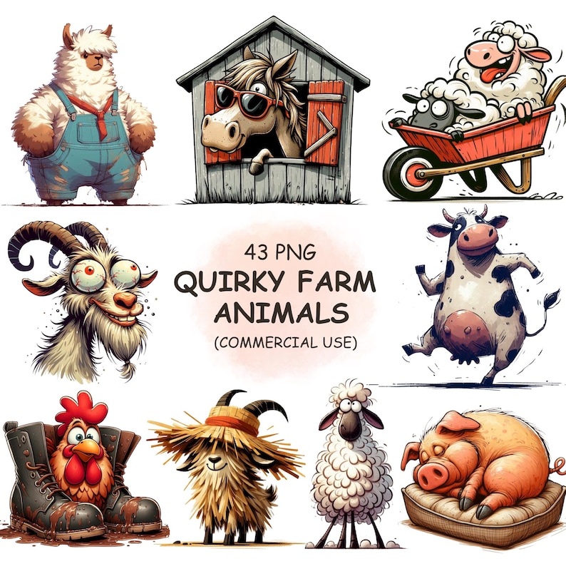 Watercolor Farm Animals Clipart: Funny Quirky PNG Bundle (digital ...