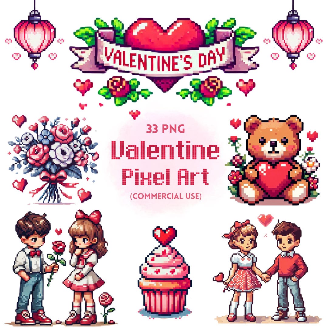 33 Valentine Pixel Art Clipart PNG Bundle Love Printable Images ...