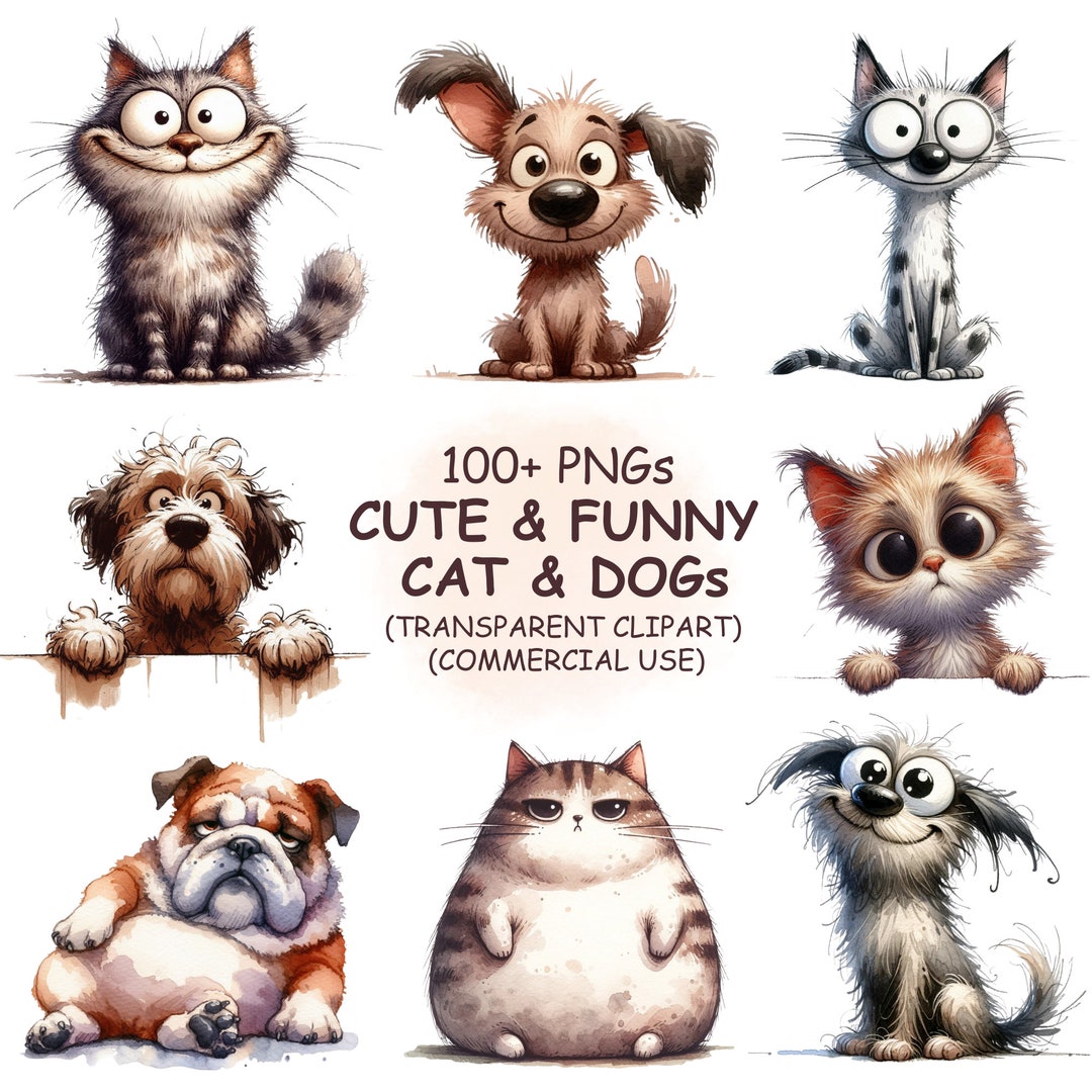 Funny & Cute Cat and Dog Clipart PNG Bundle - 100+ Watercolor Quirky ...