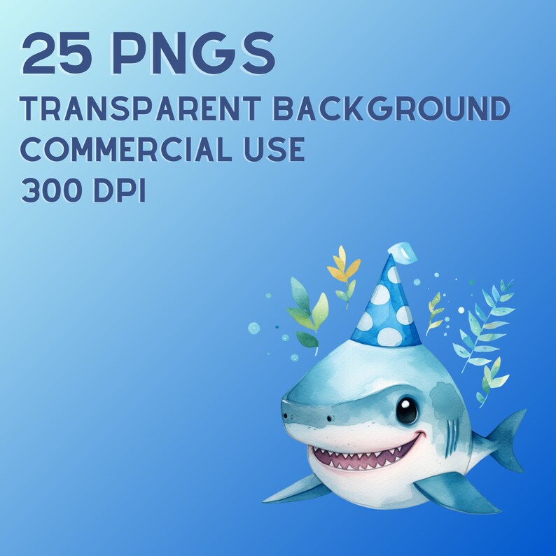25 Cute Baby Shark PNG Clipart Bundle Watercolor Adorable Kawaii Sea ...