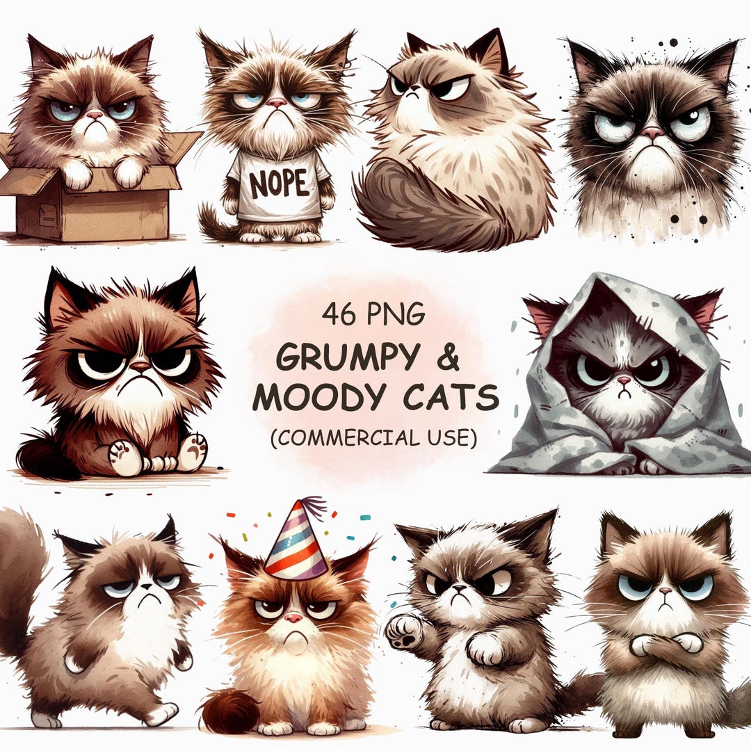 Cute Grumpy Cat Clipart PNG Bundle – 46 Moody & Funny Watercolor Kitten ...