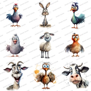 Funny Farm Animals Clipart Bundle: Watercolor PNG Images (instant ...