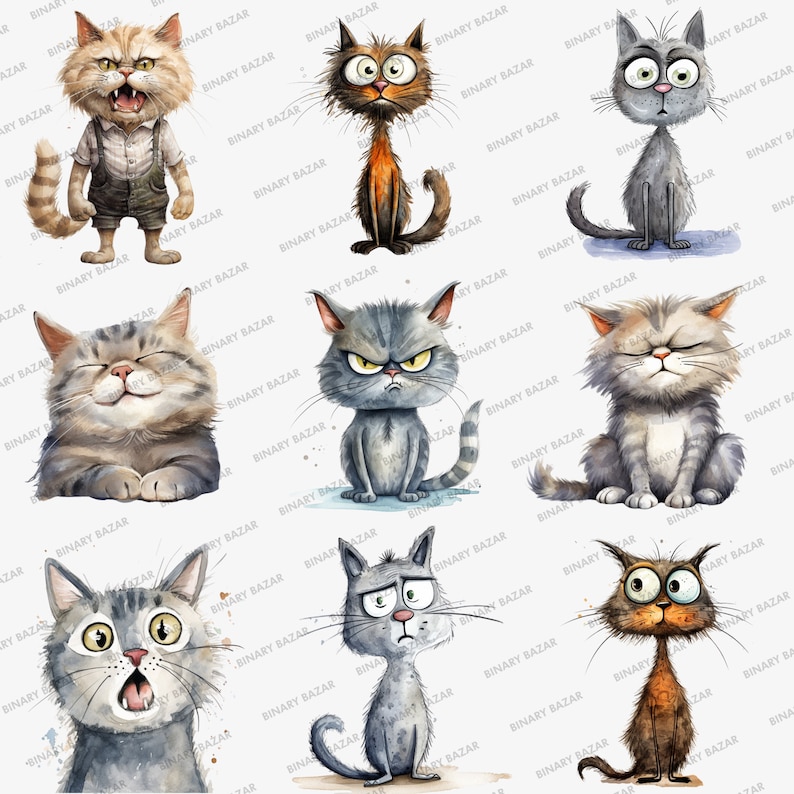 42 Cute and Funny Cats Clipart PNG Bundle Watercolor Quirky Animals ...