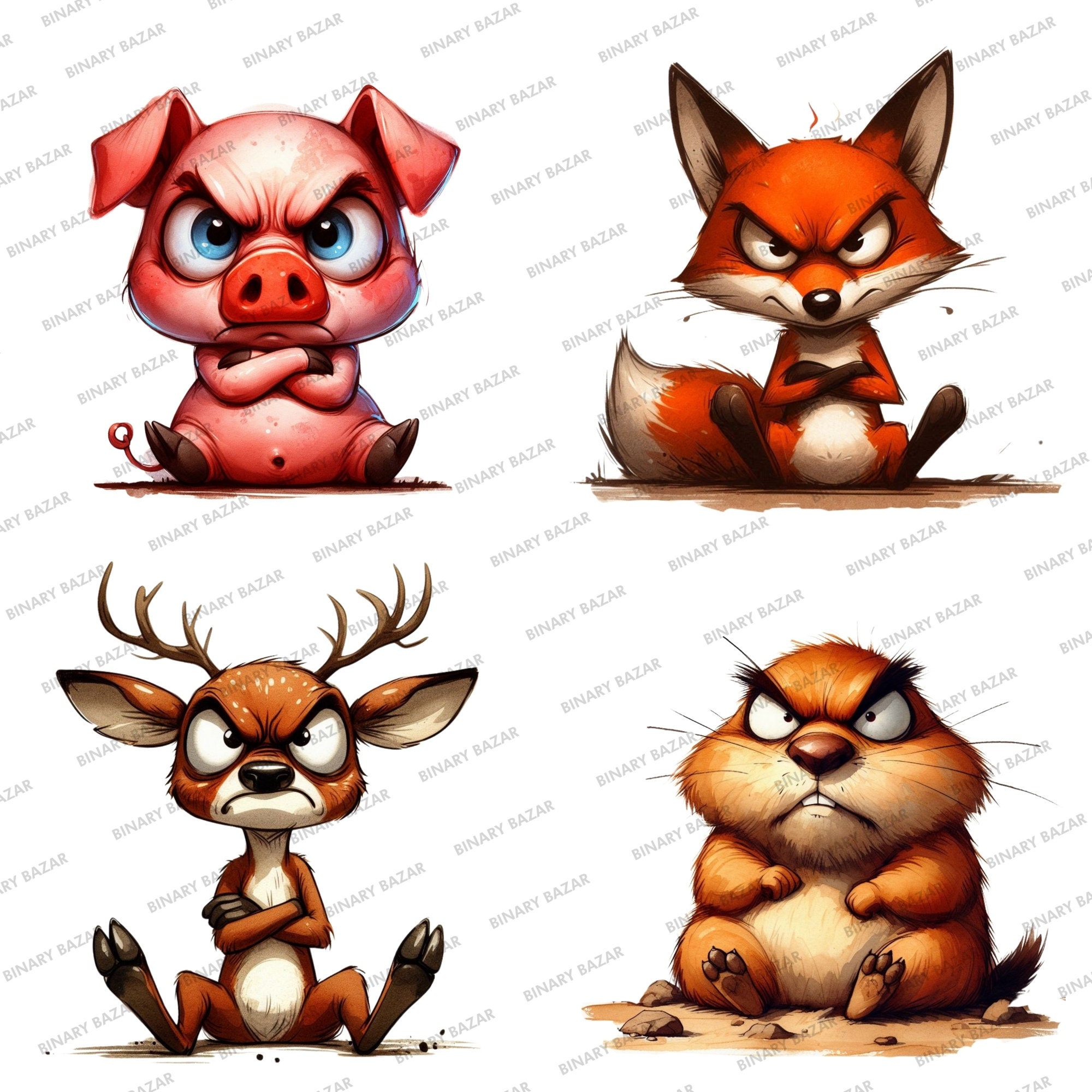 Grumpy Baby Animals Clipart Bundle: Watercolor Safari PNG (digital ...