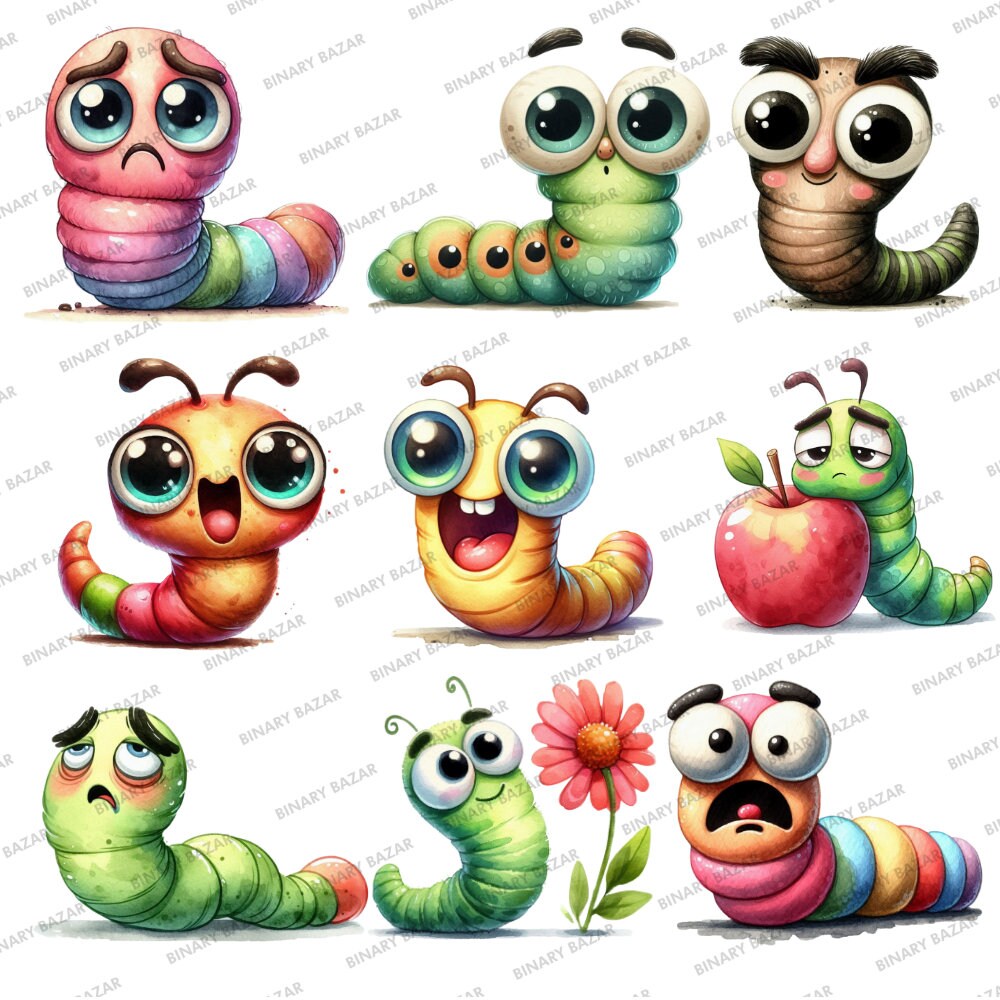 28 Whimsical Worm Clipart PNG Bundle: Watercolor Funny Spring Insects ...