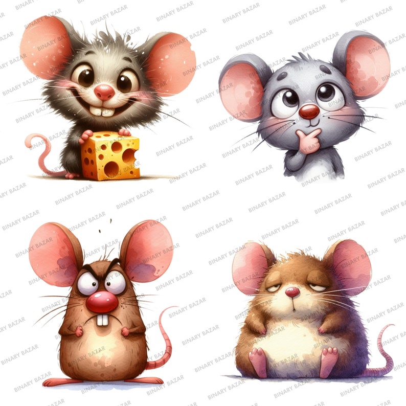 Cute and Funny Mouse Rat Clipart PNG & JPG Bundle 22 Watercolor ...