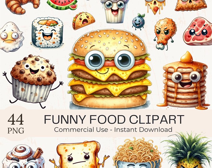 Funny Watercolor Food Characters Clipart Bundle, Quirky Kawaii Graphics ...