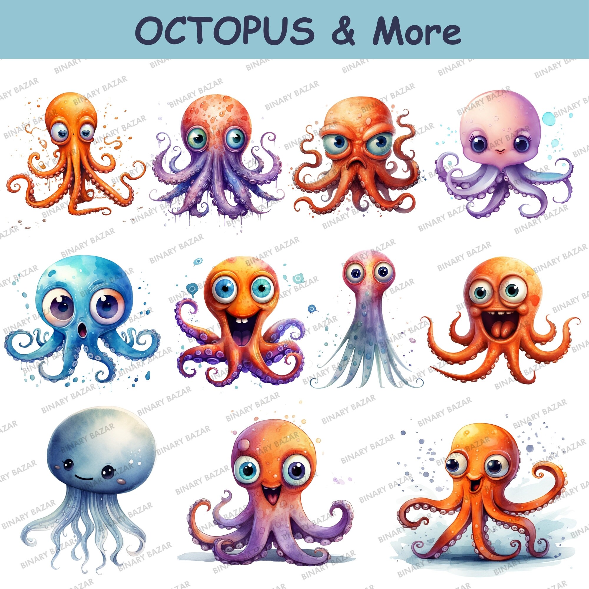 200 Cute & Funny Sea Life World and Ocean Animals Clipart PNG Bundle ...