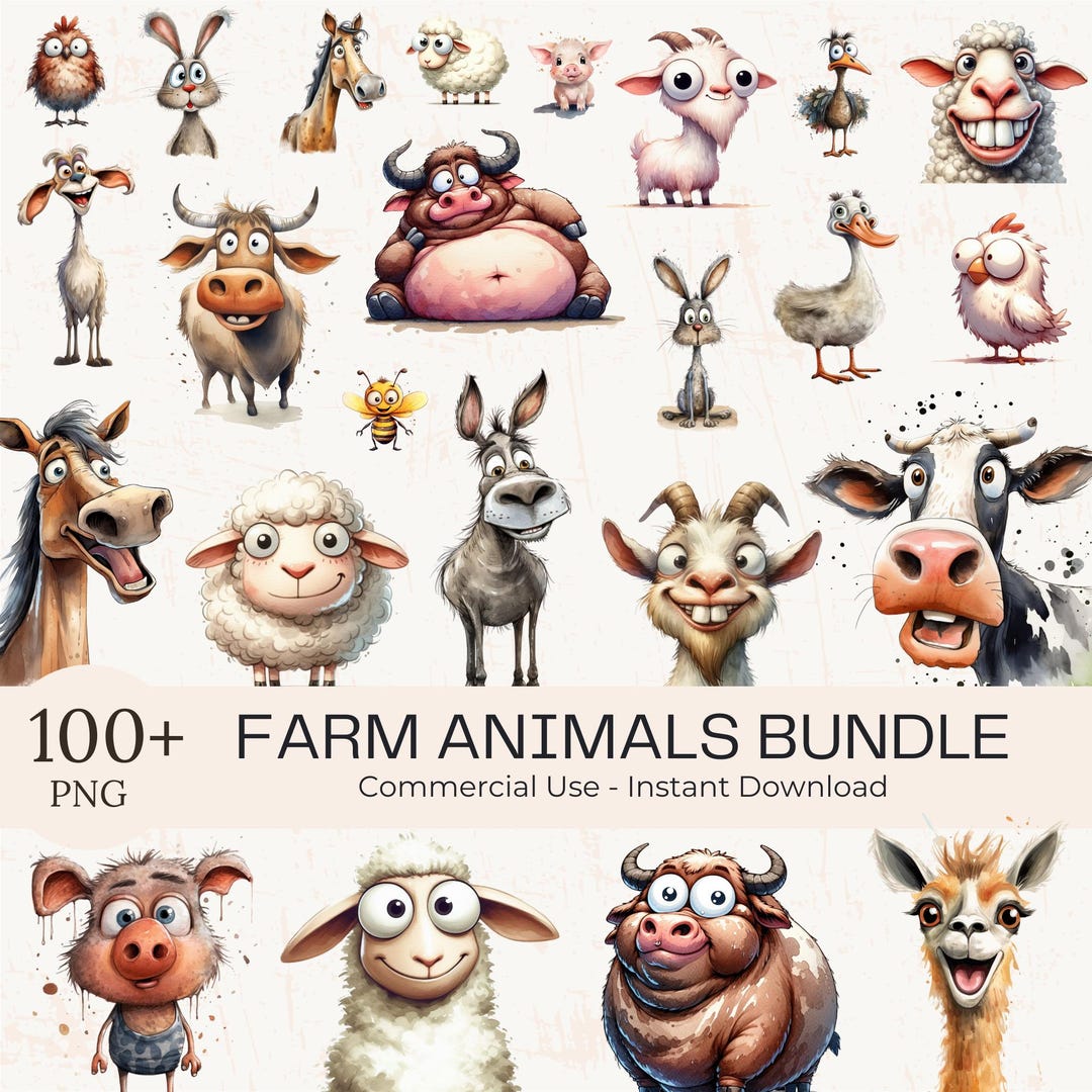 100+ Funny Farm Animals Clipart PNG Bundle: Watercolor Quirky ...