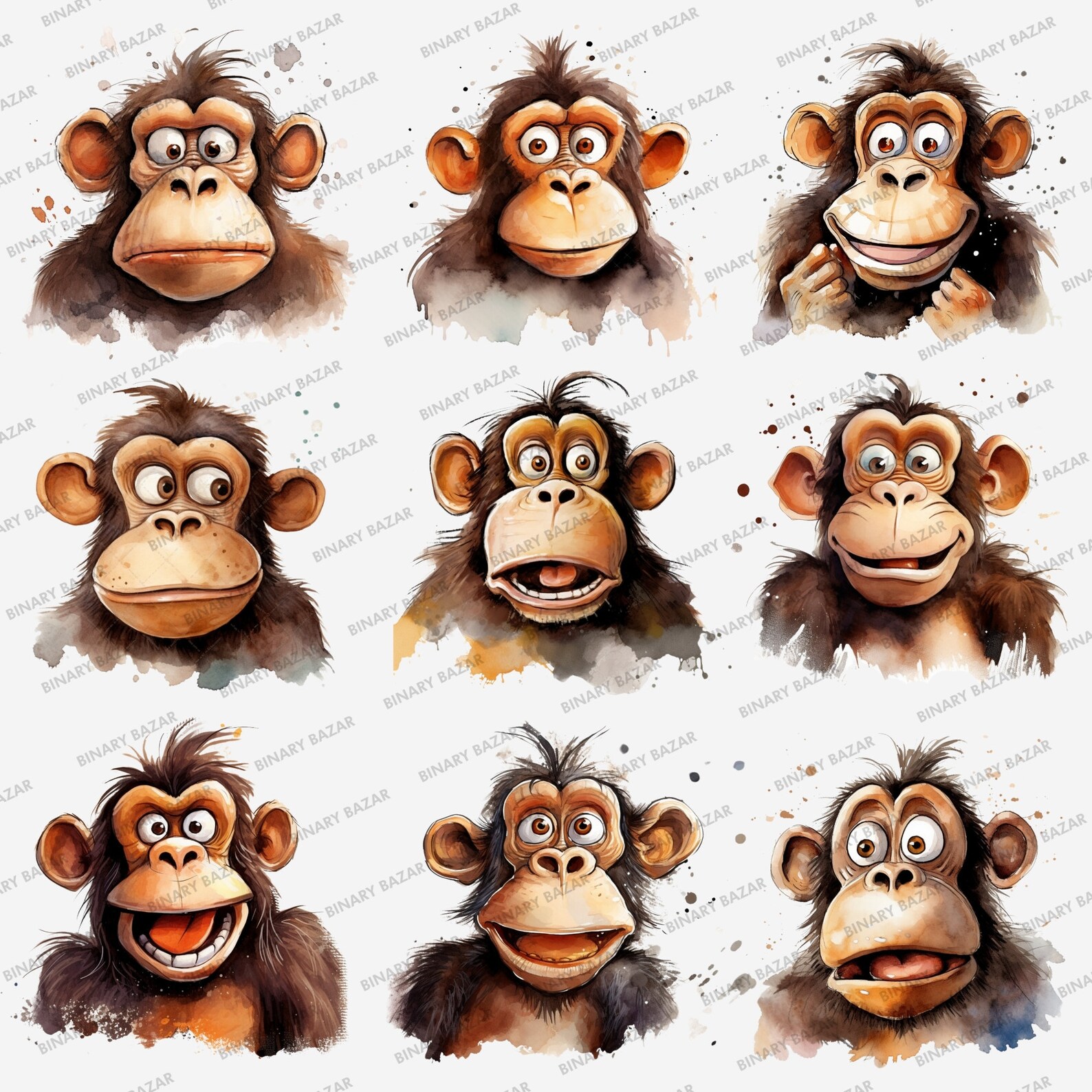 Funny Monkey Faces Clipart: 34 Watercolor PNG Bundle (commercial Use ...