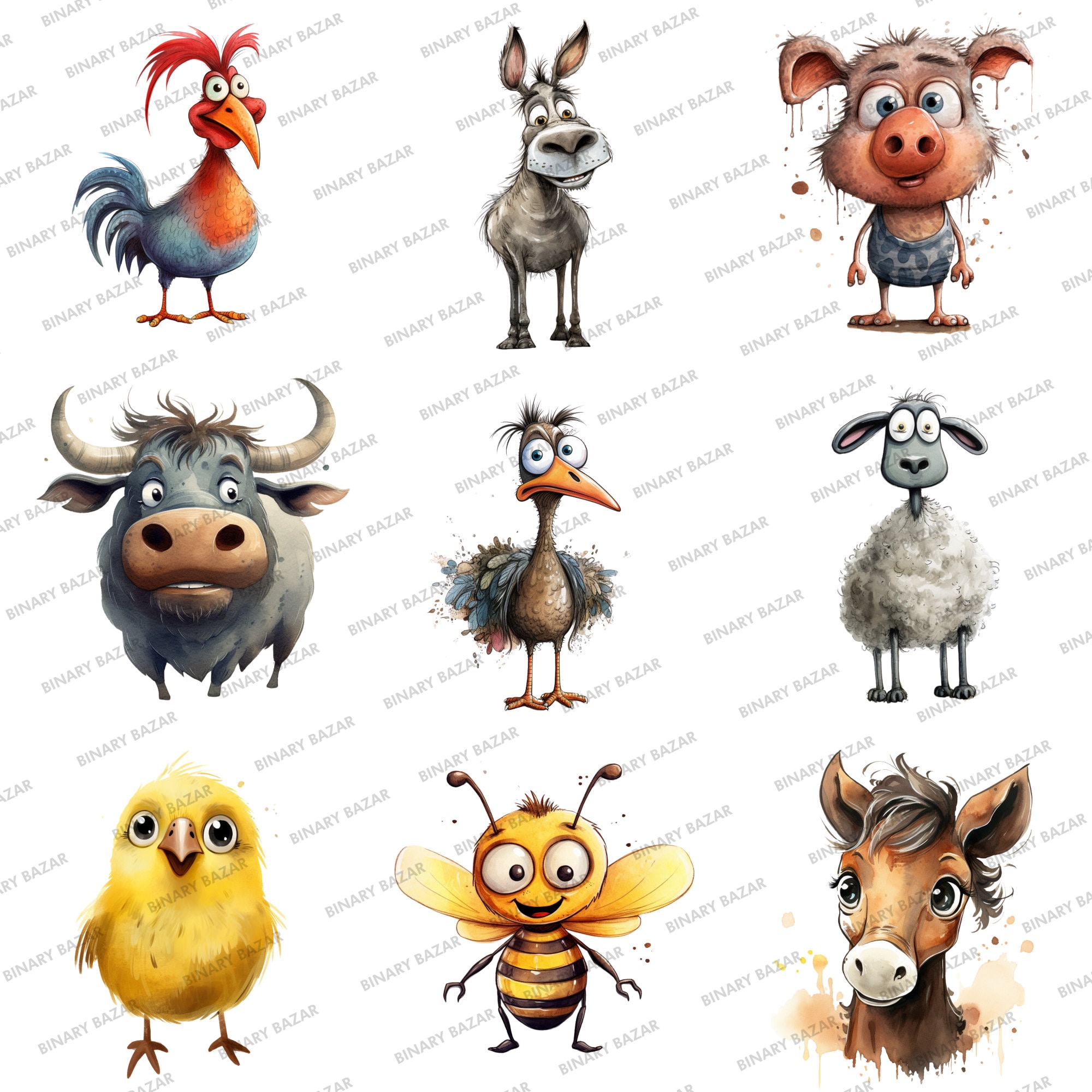 100+ Funny Farm Animals Clipart PNG Bundle: Watercolor Quirky ...