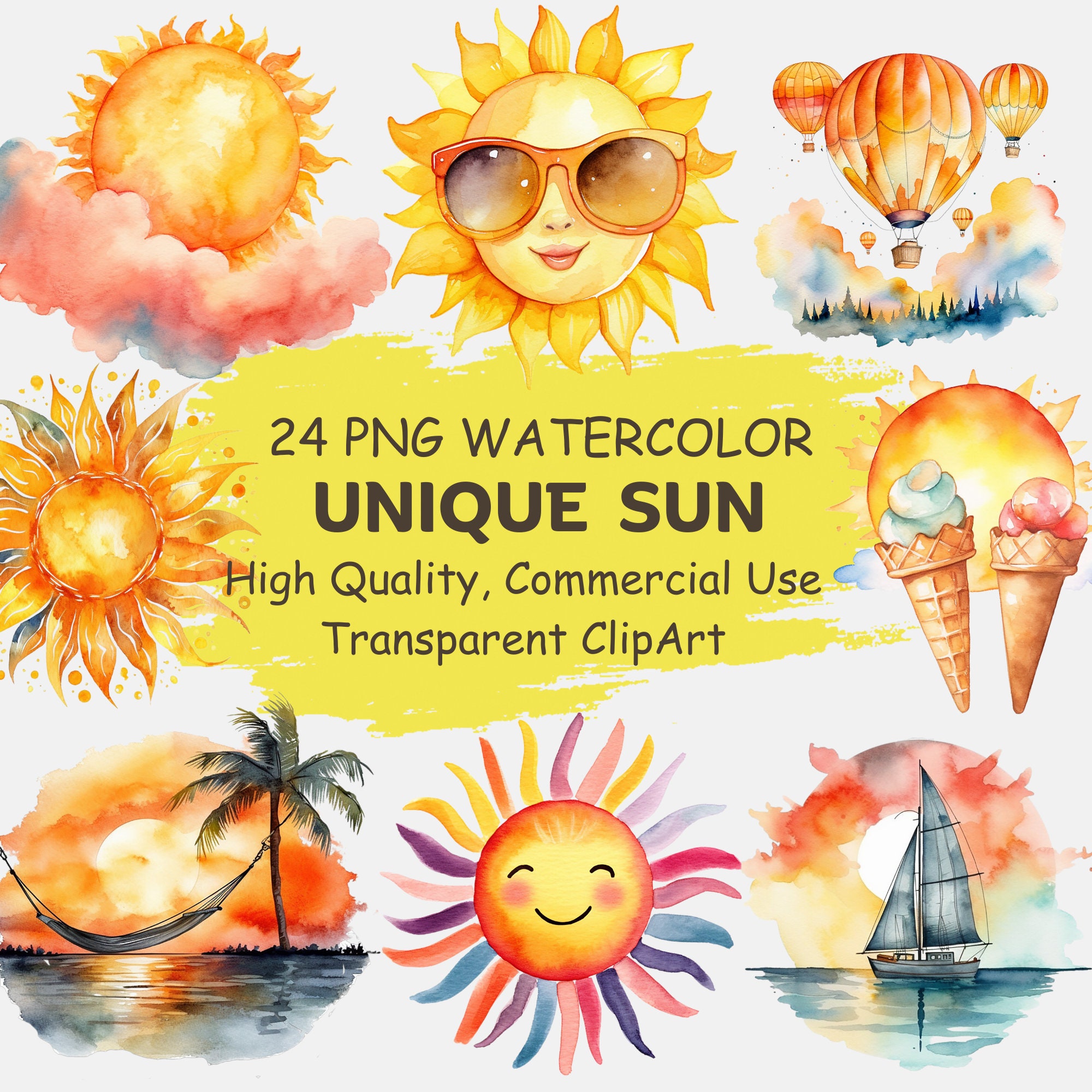 24 Radiant Sun Watercolor Clipart Bundle Pack Sunshine, Summer Art ...